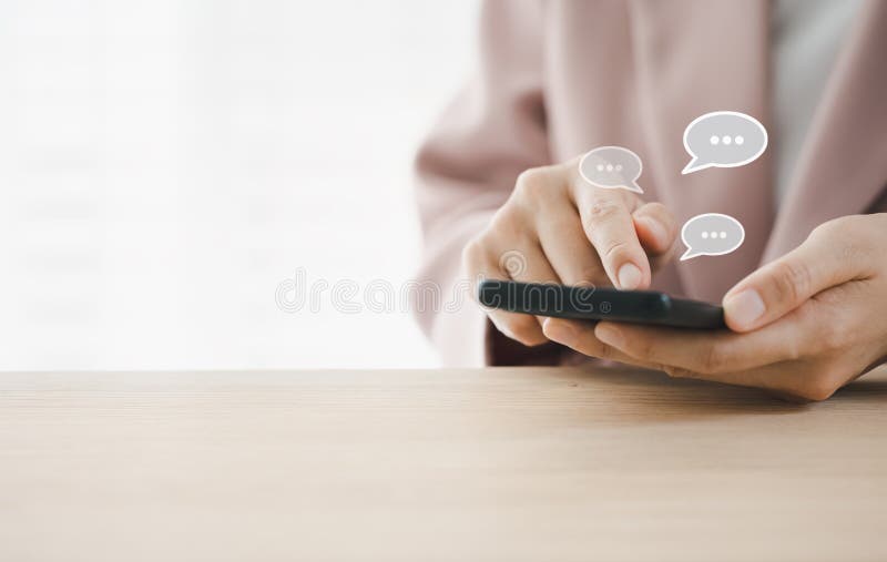Closeup Woman Hands Using Smart Phone with Message Icon As Chatting ...