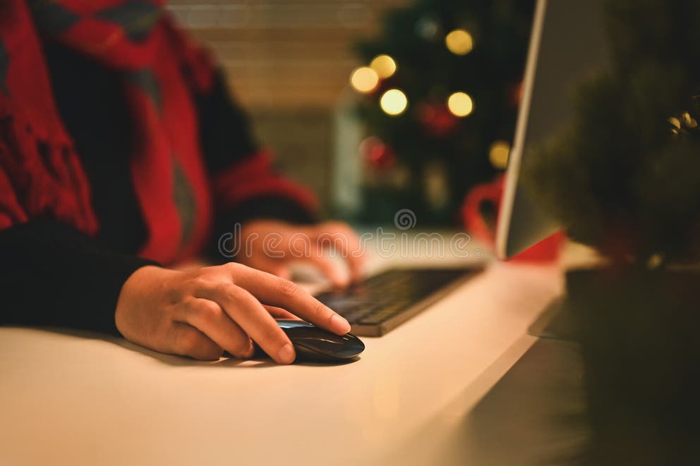 Closeup Woman Hands Using Wireless Mouse while Working on Computer at ...