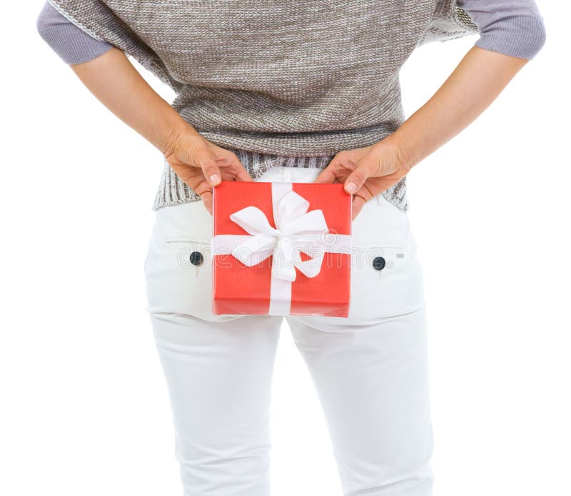 Closeup on Woman Hiding Christmas Gift Behind Back Stock Image - Image ...