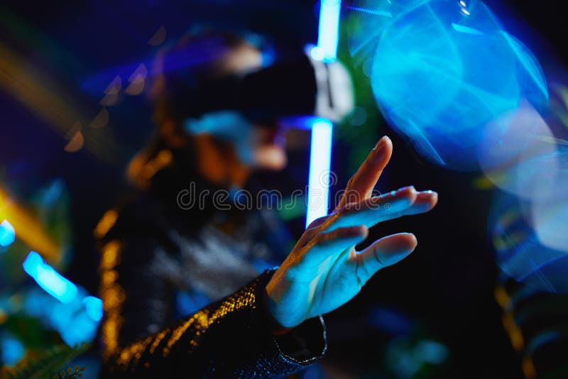 Closeup on Woman in Metaverse in Vr Goggles Exploring Stock Image ...