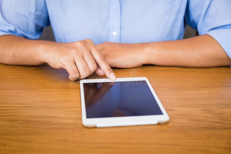 Woman Use Tablet on Table stock photo. Image of internet - 110501522