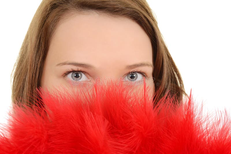 Closeup Woman with Red Feather Fan Stock Image - Image of female ...