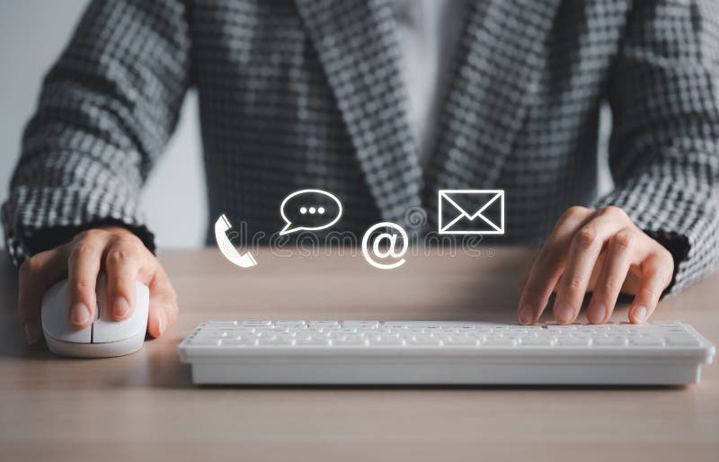 Closeup Woman Using Keyboard and Mouse with Phone, Chat, Address, Mail ...