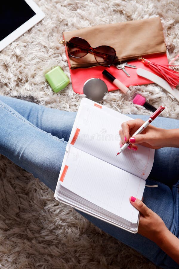 Closeup of a Woman Writing into Her Desk Diary Stock Photo - Image of ...