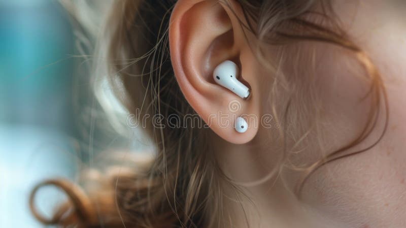 A Closeup of a Womans Ear with Tiny Wireless Earbuds Inserted. the ...