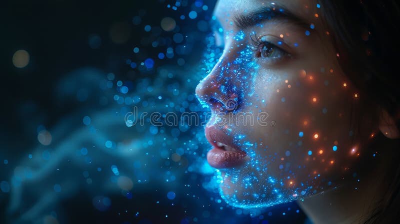 Closeup of a Womans Face with Glowing Particles Emanating from it Stock ...