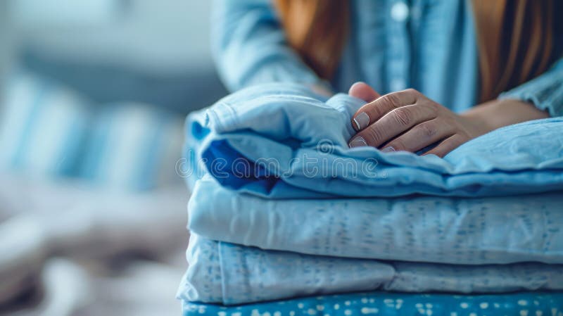 Closeup of Womans Hand Holding Stack of Folded Clean Bed Sheets in Blue ...