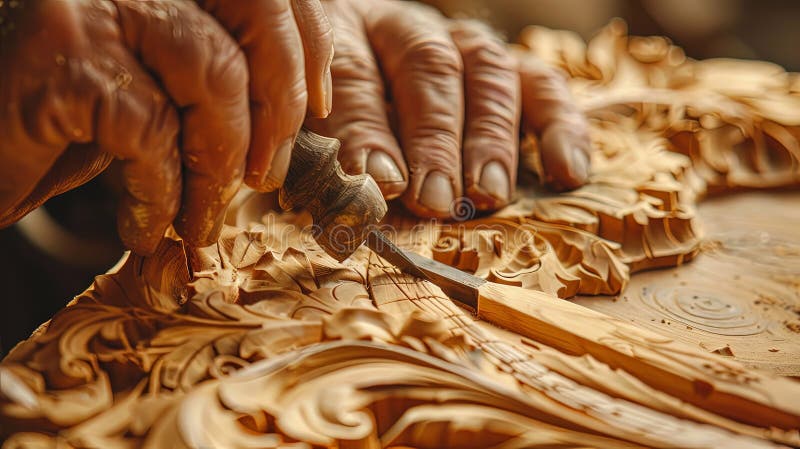 Closeup of Wood Carver Hand Making Sculpture with Chisel Stock ...
