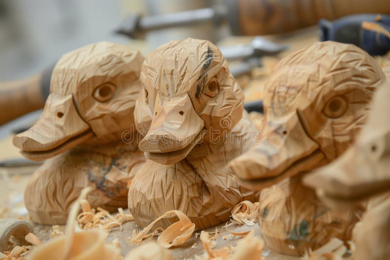 Closeup of Wooden Ducks in Midcarving Process with Tools Around Stock ...