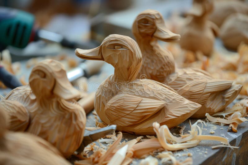 Closeup of Wooden Ducks in Midcarving Process with Tools Around Stock ...