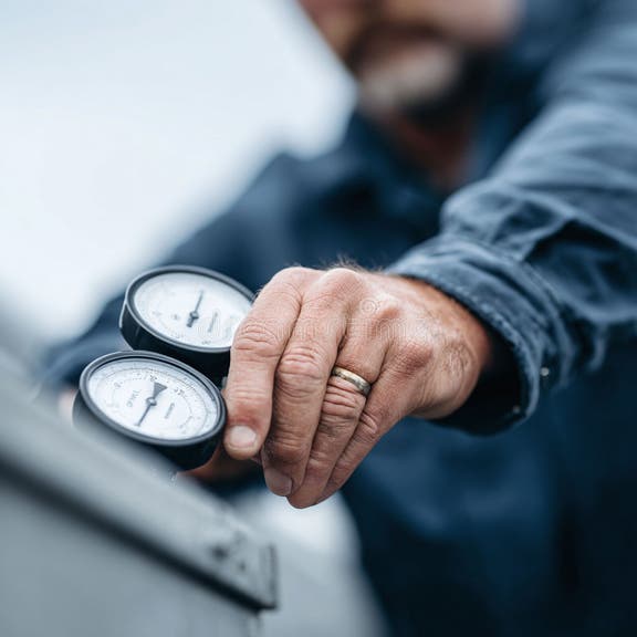 Closeup of a Worker Holding Gauges, Symbolizing Precision, Control, and ...