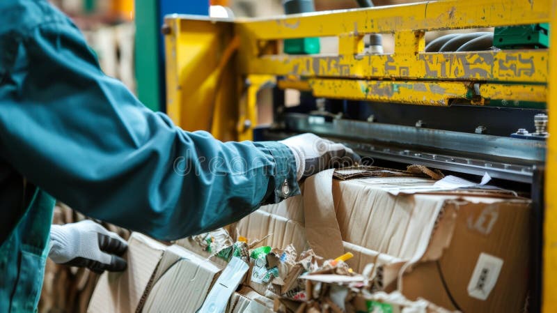 Closeup of a Worker Operating a Baler Machine Compacting Cardboard ...
