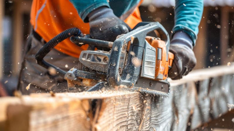 A Closeup of a Worker Using a Chainsaw To Shape a Large Timber Beam for ...