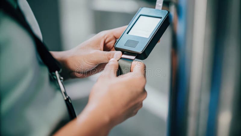 A Closeup of a Worker Using a Smart Badge that Records Time Spent on ...