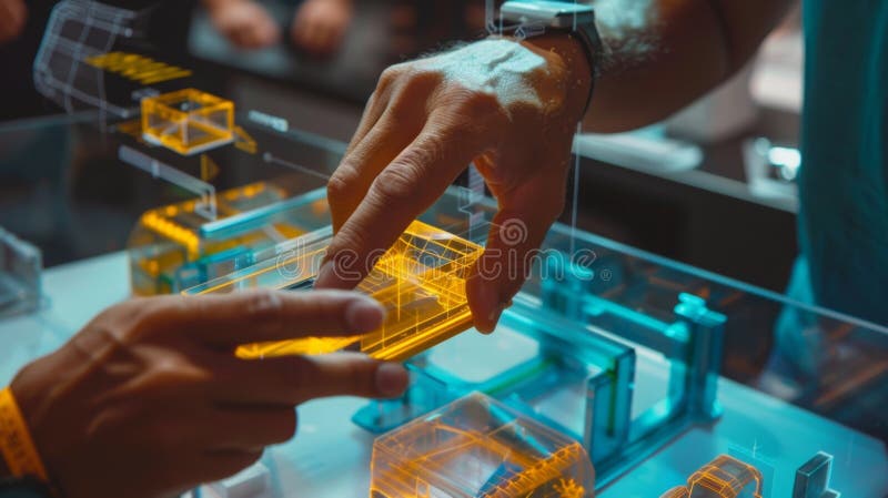 A Closeup of the Workers Hands As they Manipulate the Augmented Reality ...