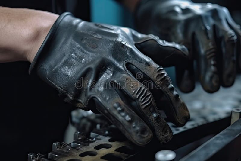 Closeup of Workers Hands in Black Gloves Working on Car Engine, a Closeup View of Factory ...