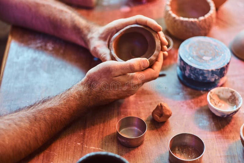 Closeup of Working Process with Clay by Diligent Man. Stock Photo ...