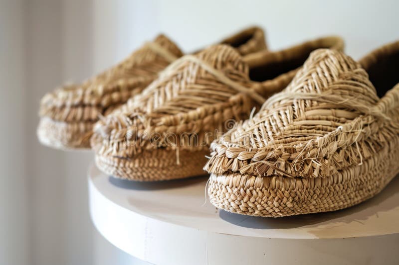 Closeup of Woven Raffia Shoes on Pedestal Stock Image - Image of ...