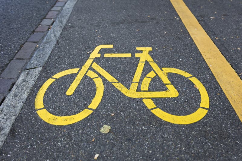 Yellow Bicycle Sign Path on the Road Stock Image - Image of area ...