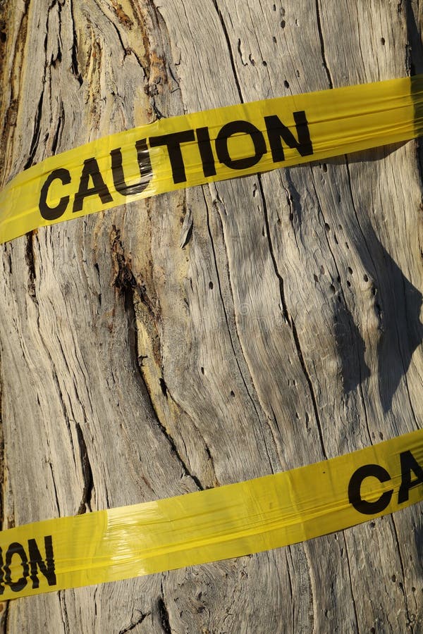 Closeup of Yellow Caution Tape Over Dry Wood Stock Image - Image of ...
