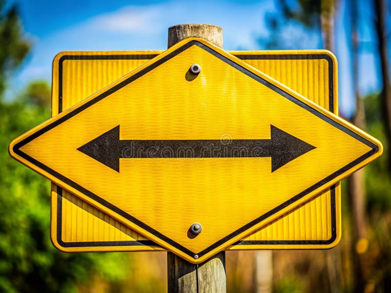 Closeup of a Yellow Directional Arrow Sign Opposite Directions for ...