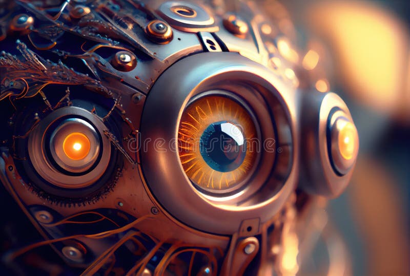 Closeup of Yellow Robot Eyes with Metallic Structure Background ... Closeup of Yellow Robot Eyes with Metallic Structure Background ...