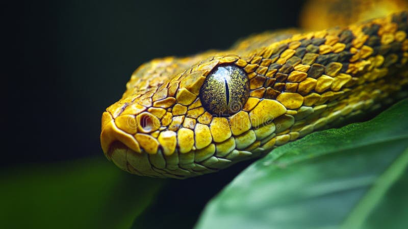 Closeup of Yellow Snake Head on Green Leaf Stock Illustration ...