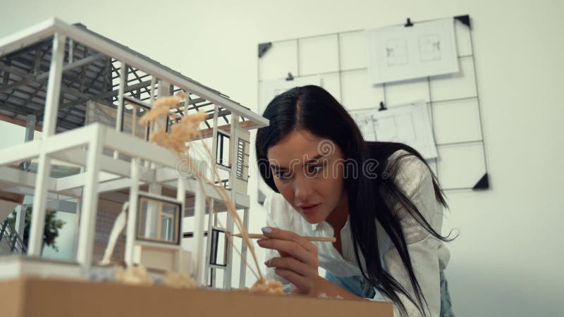 Young Beautiful Smart Engineer Measure House Model by Using Pencil. Immaculate. Stock Video ...