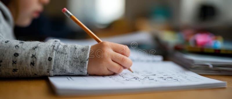 Young Child Practicing Math Homework with Pencil at Home Closeup of ...