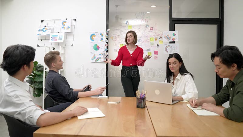 Young Beautiful Leader Present Business Project with Confident ...