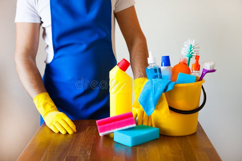 Closeup of Young Man Wearing Apron Cleaning Kitchen Worktop Stock Image ...