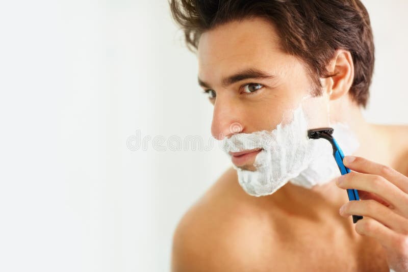 Closeup of a Young Smart Man Shaving Using a Razor. & X28;Note To ...