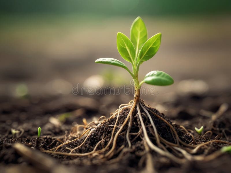 A Closeup of a Young Sprout with Its Roots Emerging from the Ground ...