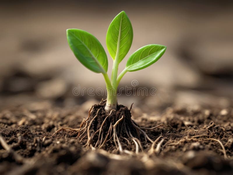A Closeup of a Young Sprout with Its Roots Emerging from the Ground ...