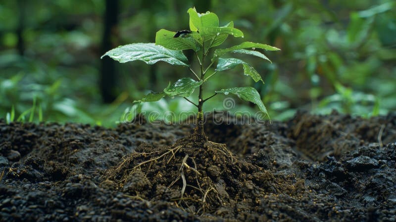 A Closeup of a Young Tree Sapling with Its Roots Spread Out in the Damp ...
