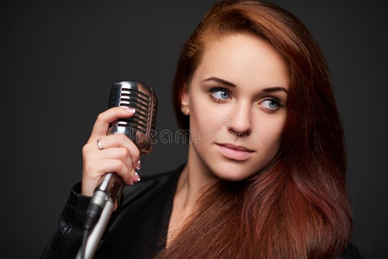 Closeup of Young Woman with Retro Microphone Stock Image - Image of ...