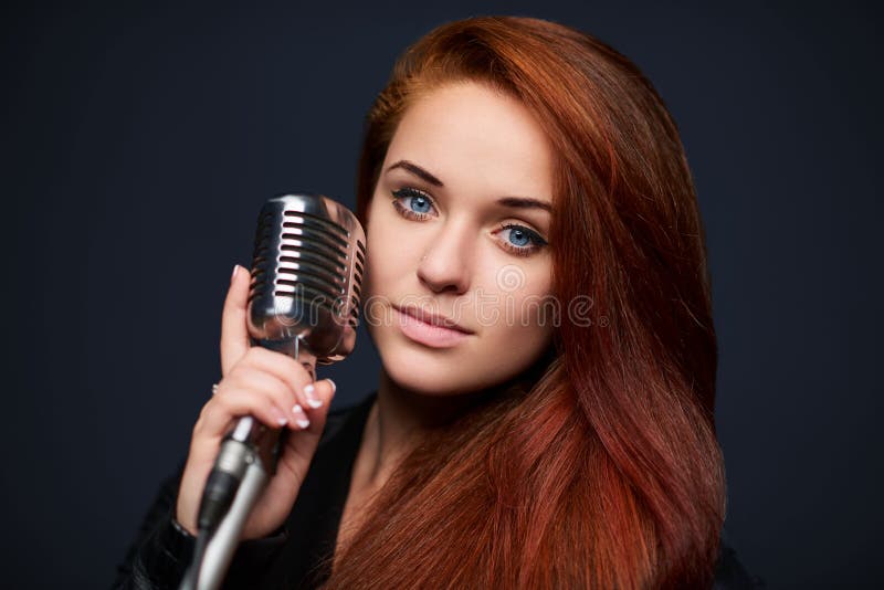 Closeup of Young Woman with Retro Microphone Stock Image - Image of ...