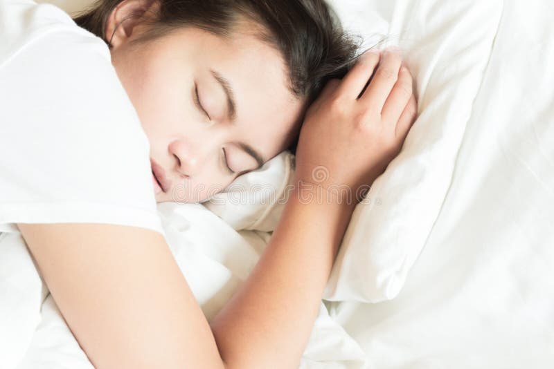 Closeup Young Woman Sleeping with Happy Face in the Bed, Copy Sp Stock ...