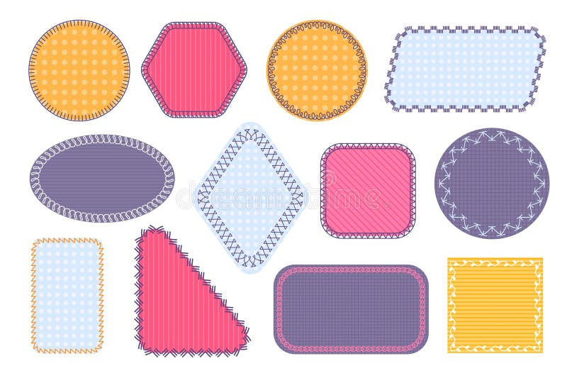 Cloth Patches with Stitches. Square and Round Sewing Badges, Needlework ...