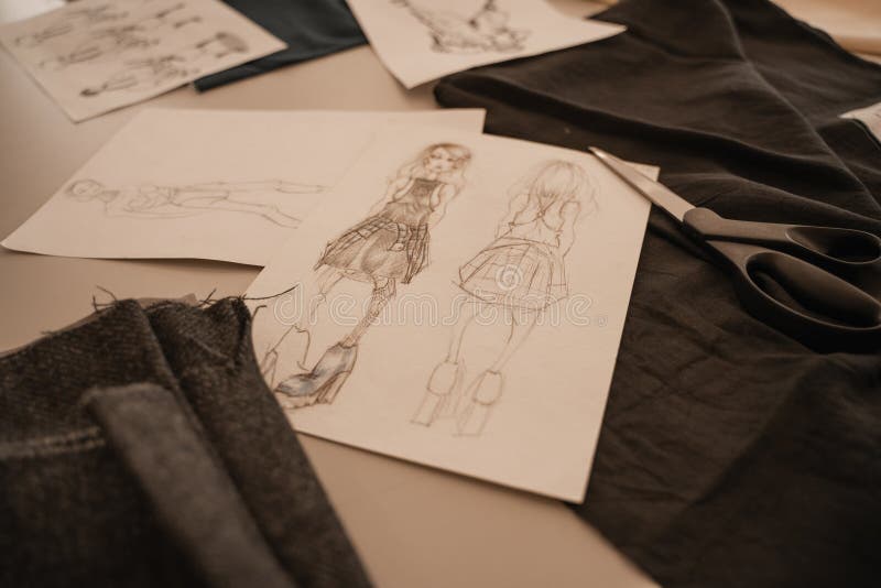 Cloth and Sketches on Table in Stock Photo - Image of papers, drawing ...