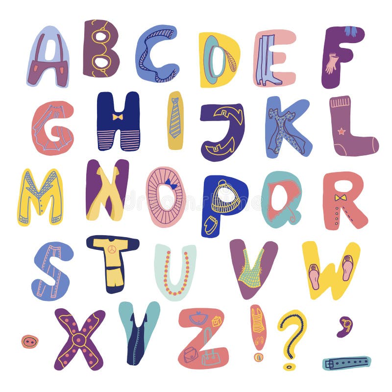 Clothes Alphabet. Hand Drawn Doodle Letters. Stock Illustration ...
