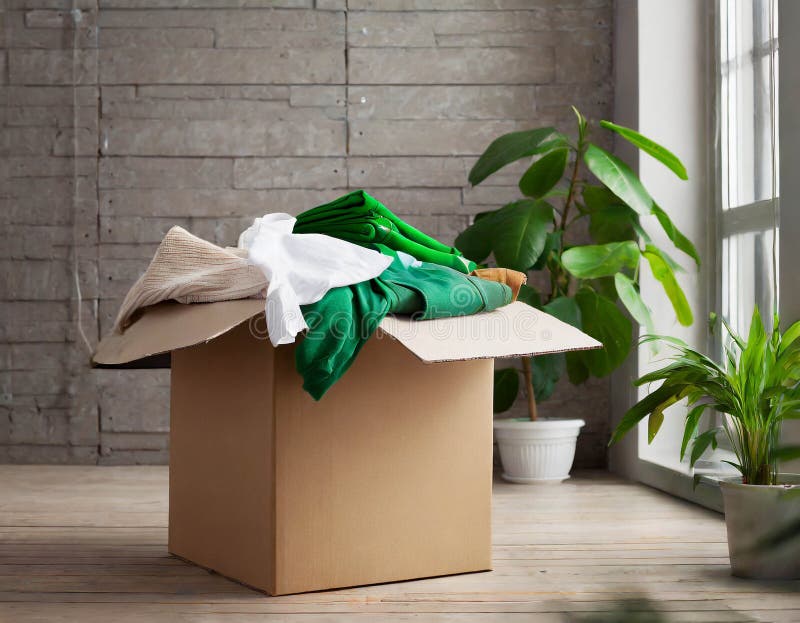 Clothes in Cardboard Box Prepared for Donation or Recycling Stock ...