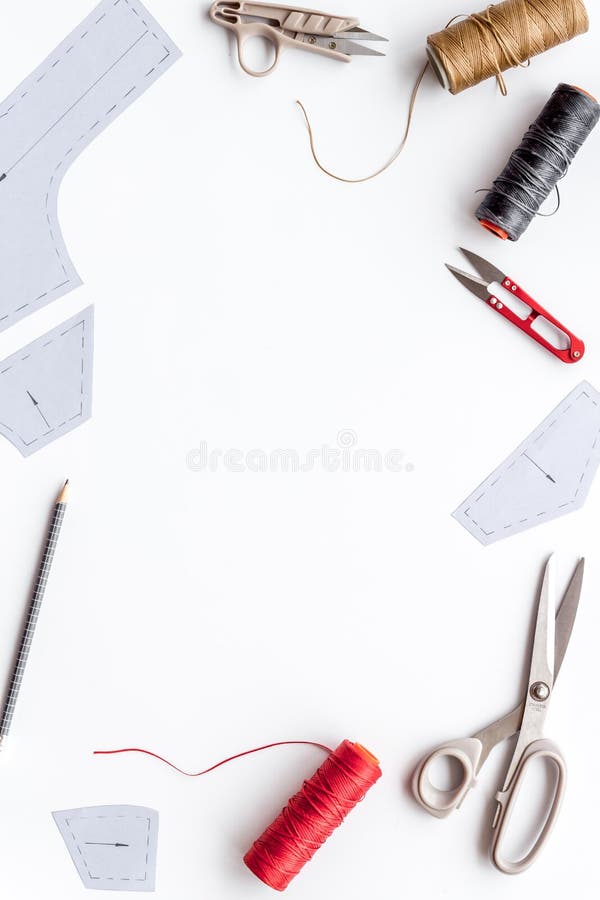 Clothes Designer Work Desk. Pattern, Scissors, Thread on White ...