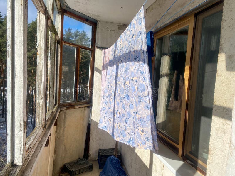 Clothes Drying Rack on an Old Balcony in Sunny Winter Stock Photo ...