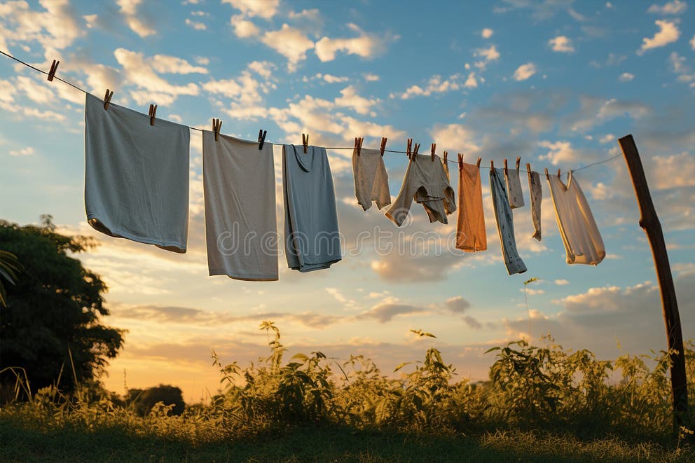 Clothes drying on a wire stock illustration. Illustration of sunshine ...