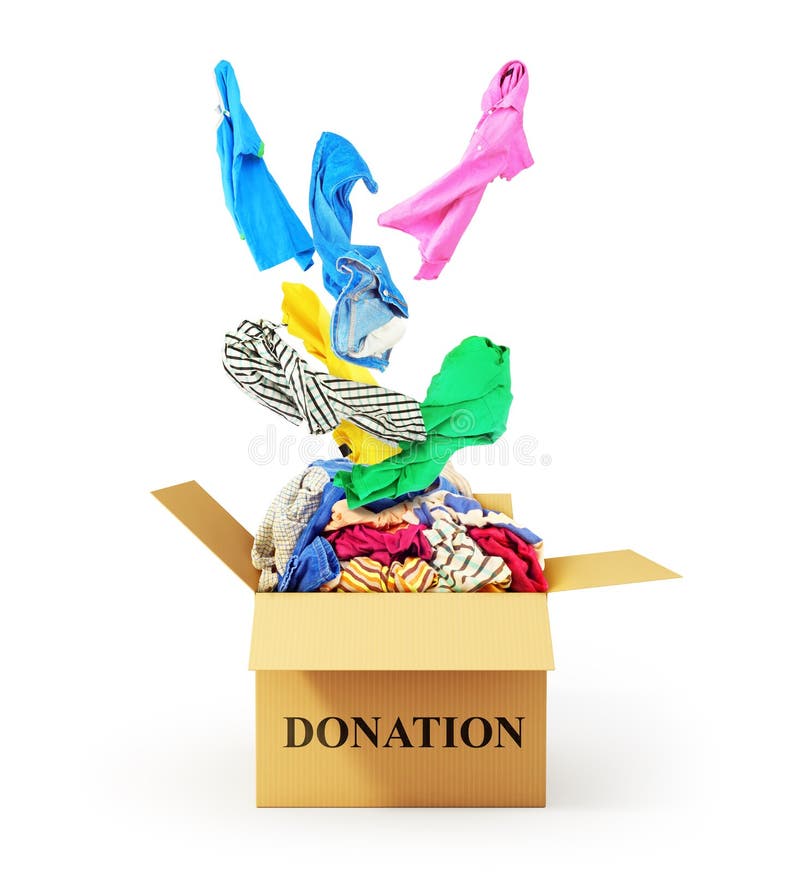 Clothes Fall into a Large Cardboard Box Isolated on a White Back Stock ...