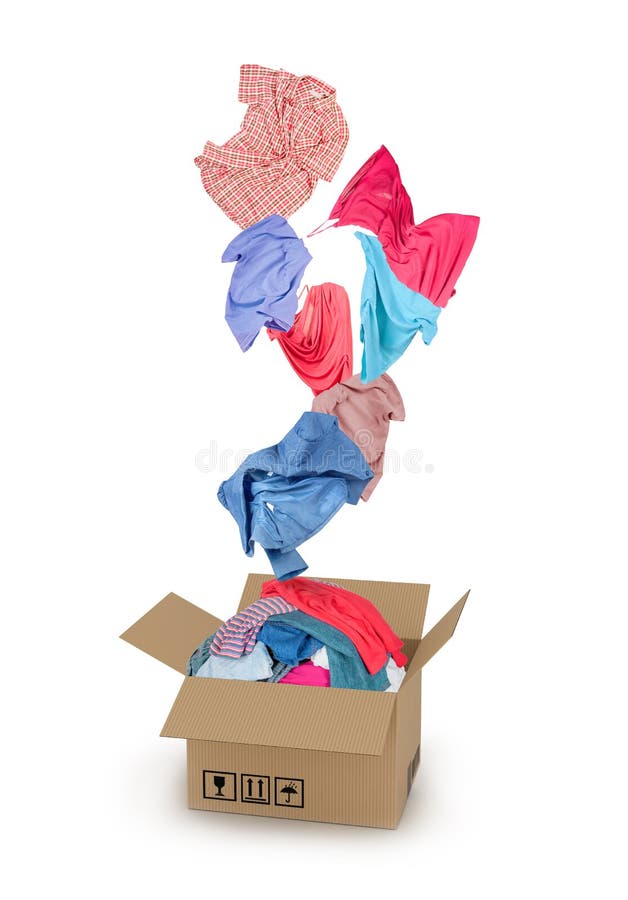 Clothes Falling into the Cardboard Box Stock Image - Image of blue ...