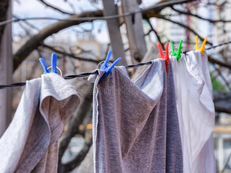 Clothes Hanging on a Clothes Line Stock Photo - Image of housework ...