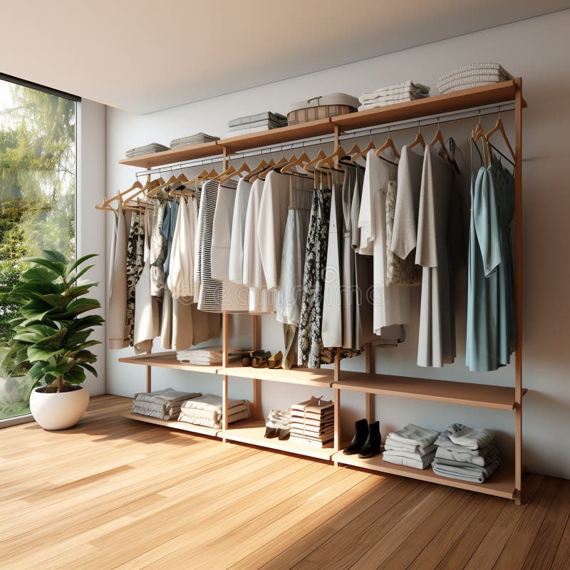 Clothes Hanging on Rail in Walk in Closet, Beautiful Design Stock ...