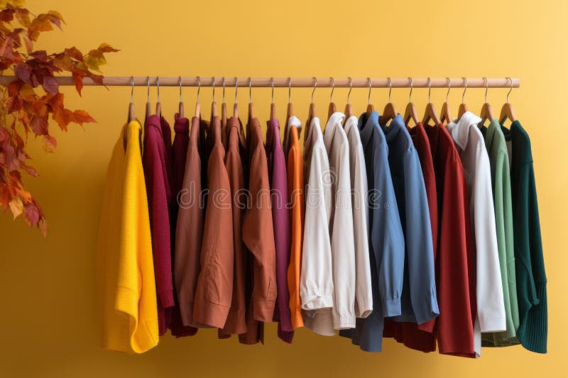 Clothes Hanging in Row. Many Clothes for Autumn or Fall Season Stock ...